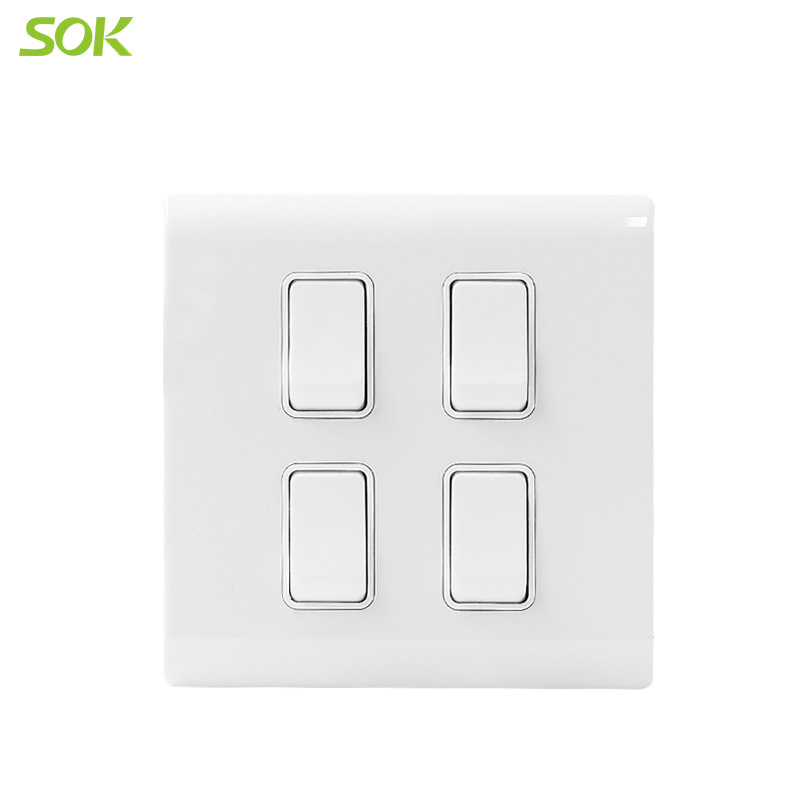 16AX 250V Light Switch 4 Gang 1 Way - White Wide Rocker 16AX 250V Light Switch 4 Gang 1 Way - White Wide Rocker